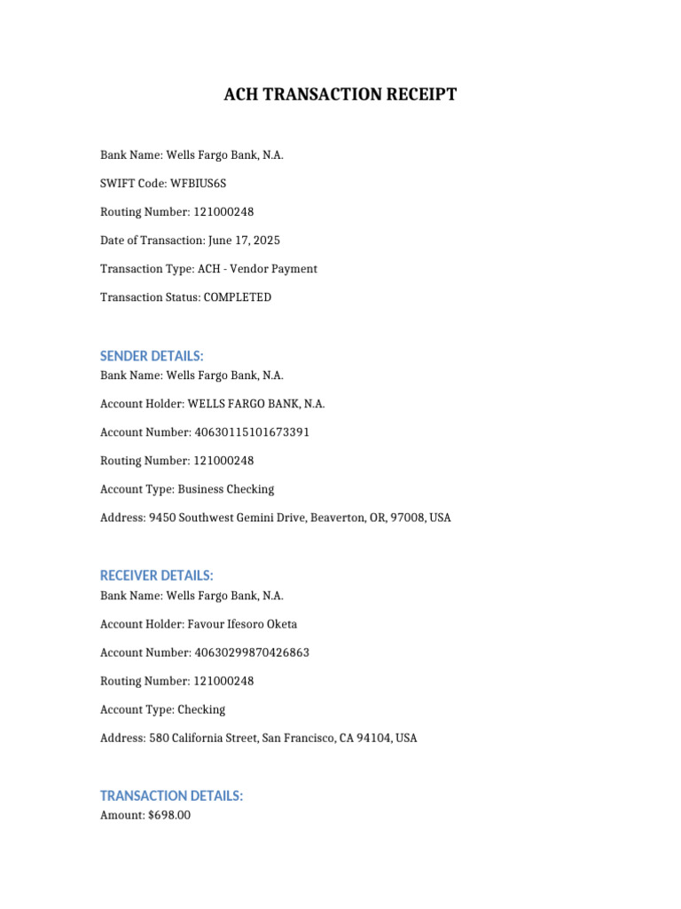 Wells Fargo ACH Transaction Receipt | PDF