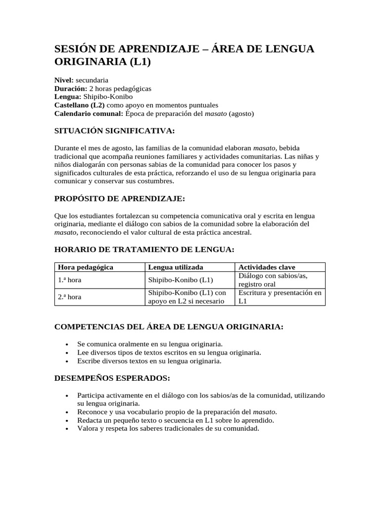 Sesión de Aprendizaje - Área de Lengua Originaria (L1) | PDF ...