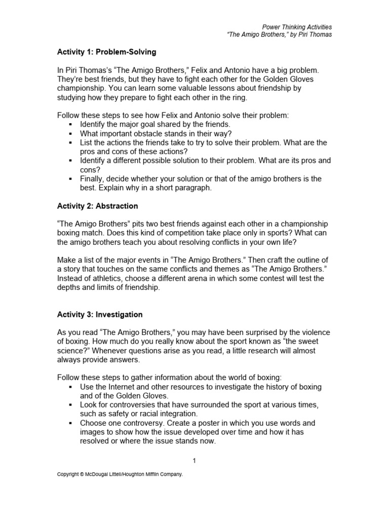 Amigo Brothers Extention Activities - Bob Marzano's Power Thinking ...