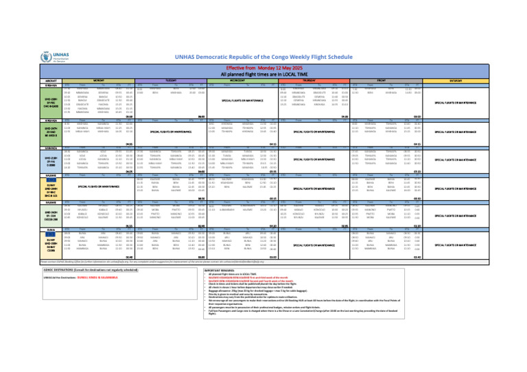 Weekly Flight Schedule for UNHAS DRC | PDF | Aviation