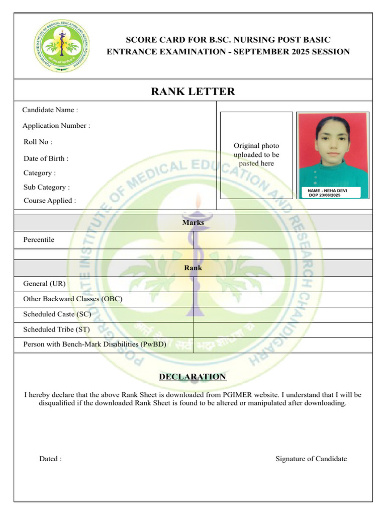 Rank Letter: Score Card For B.Sc. Nursing Post Basic Entrance ...