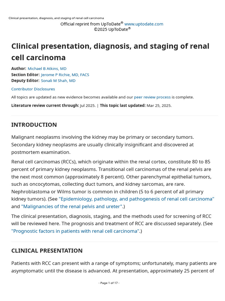 Clinical Presentation, Diagnosis, and Staging of Renal Cell Carcinoma ...