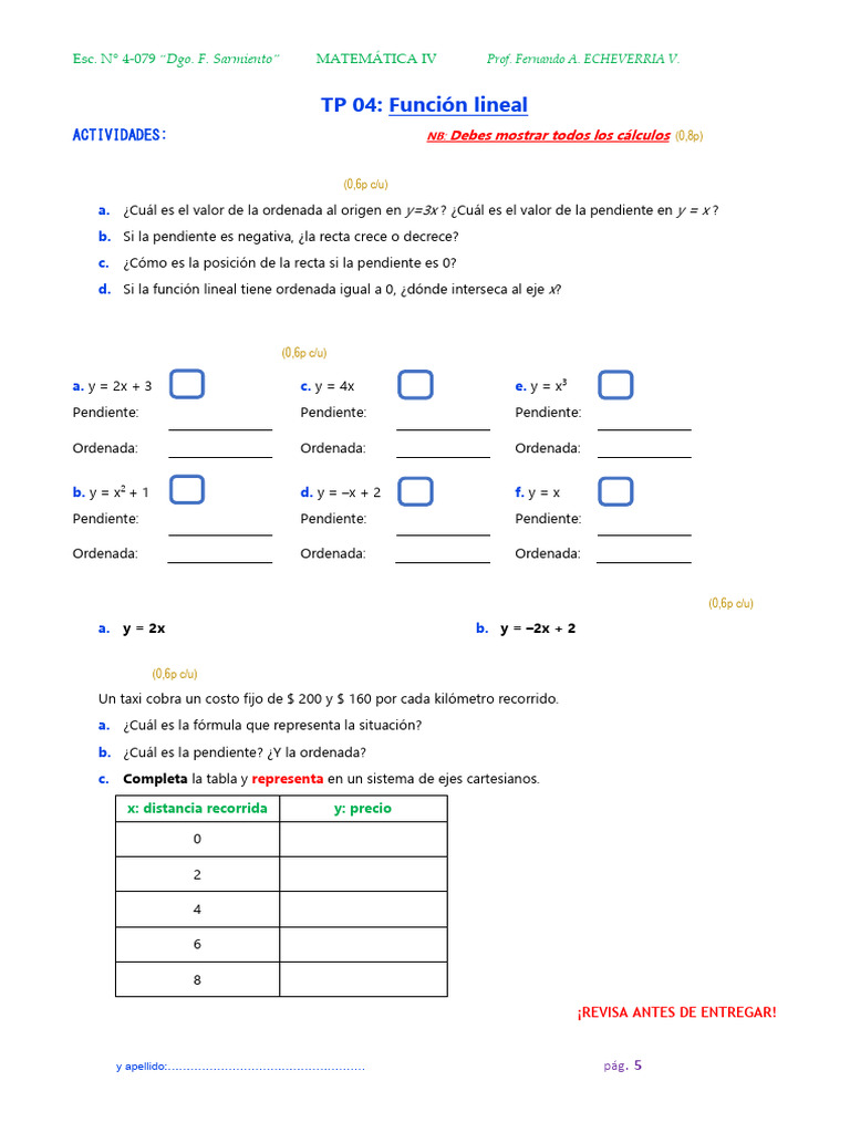 TP 04 Matem 4to 3ra Función Lineal | PDF
