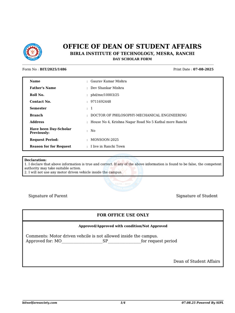 BIT Mesra Day Scholar Application Form | PDF
