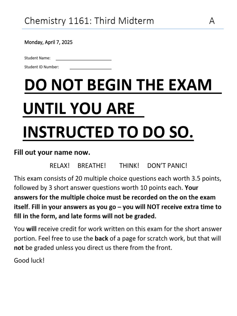Do Not Begin The Exam Until You Are Instructed To Do So.: Chemistry ...