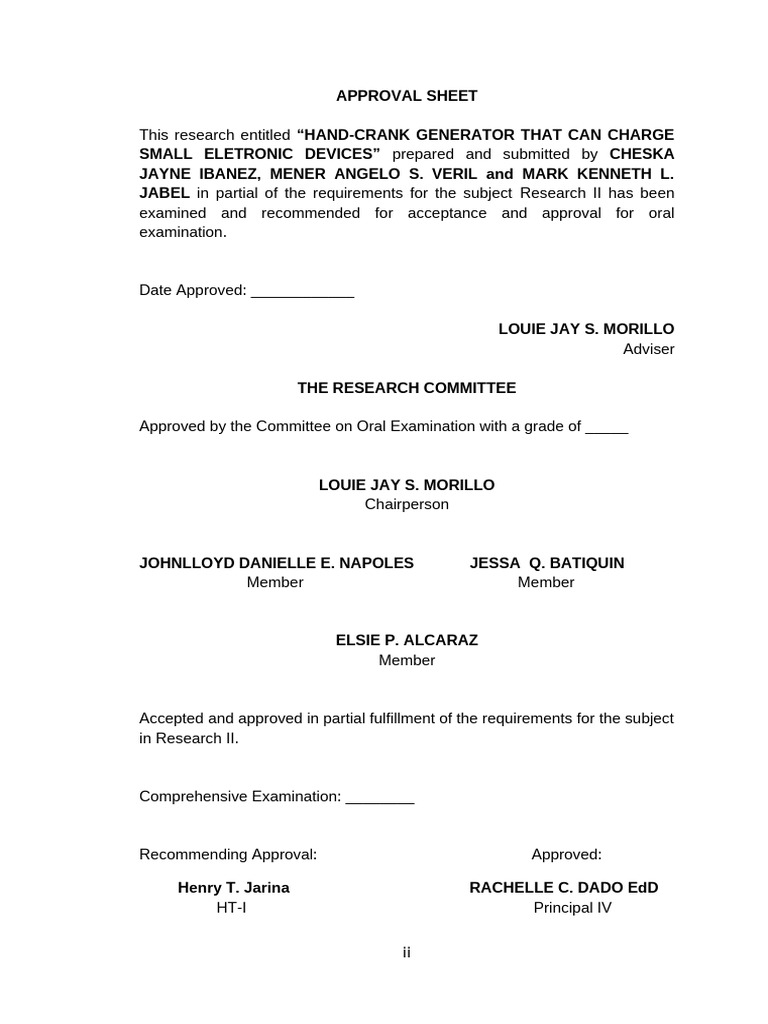 Approval Sheet for Hand-Crank Generator Research | PDF