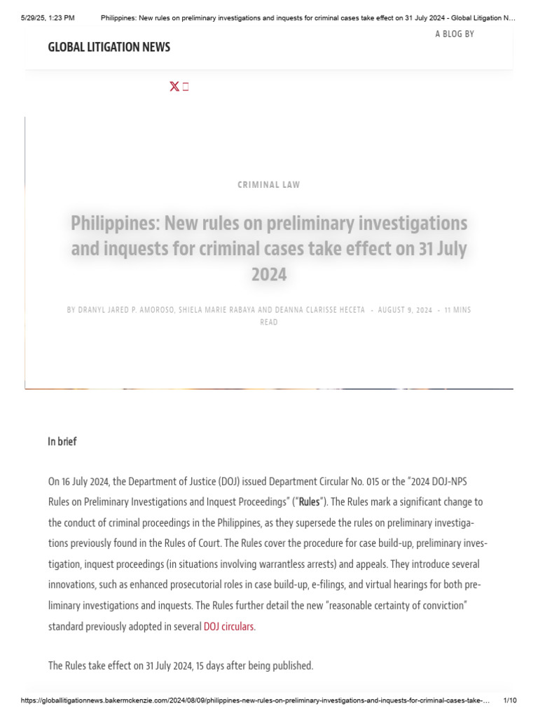 Philippines - New Rules On Preliminary Investigations and Inquests For ...