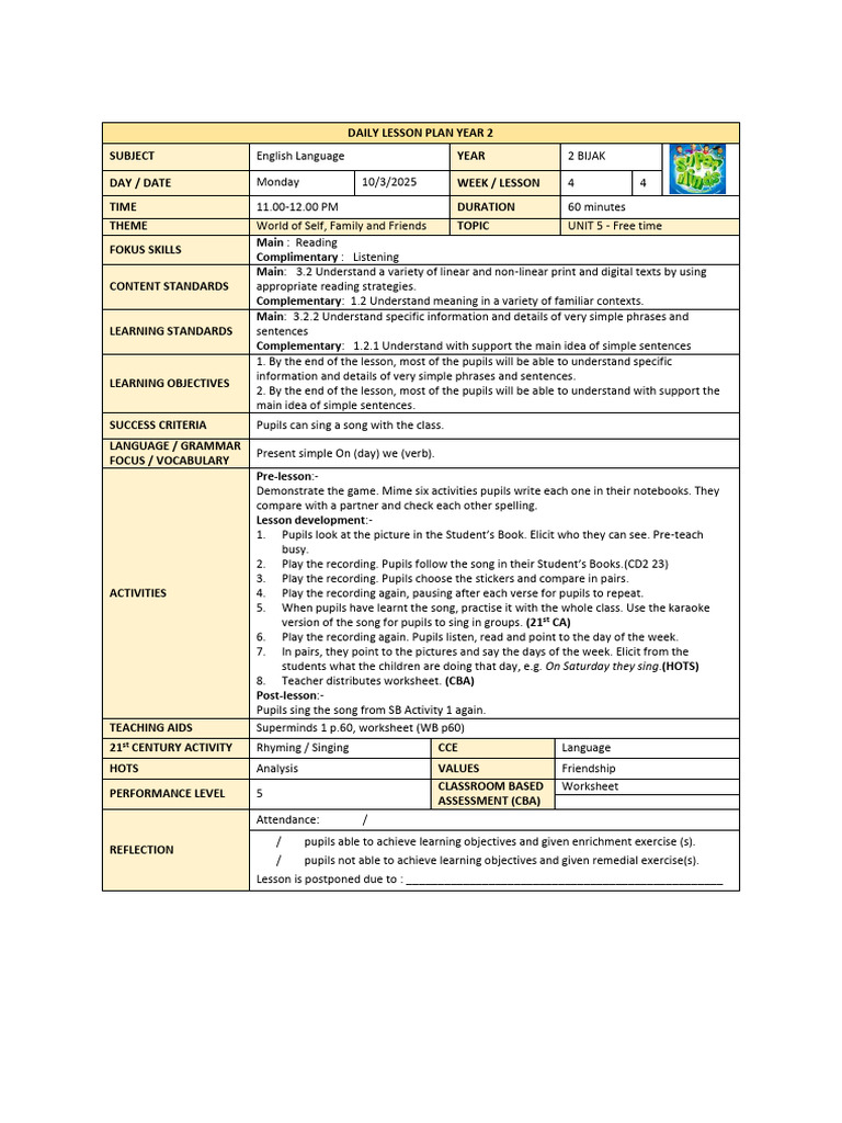 Daily Lesson Plan Year 2 Bijak | PDF | Lesson Plan | Learning