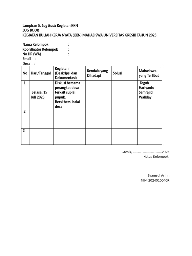 Log Book Kegiatan KKN 2025 Gresik | PDF