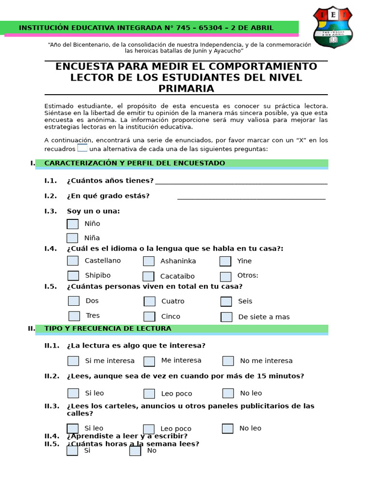 Encuesta de Lectura en Primaria | PDF
