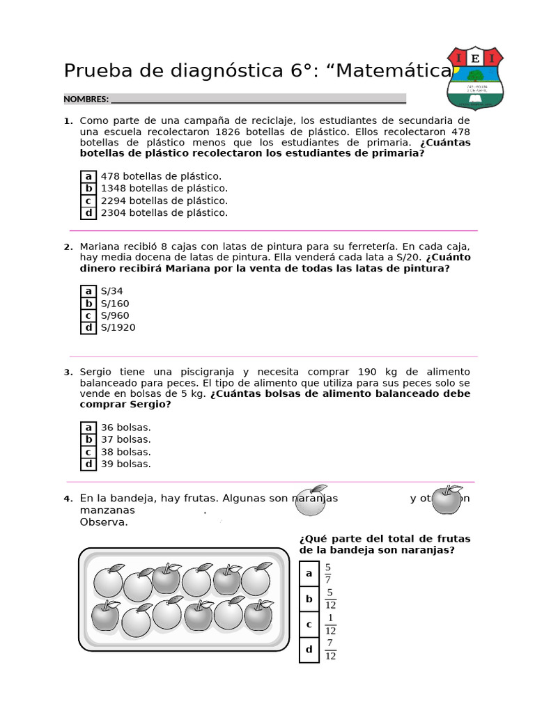 Prueba Diagnóstica Matemática 6° Primaria | PDF