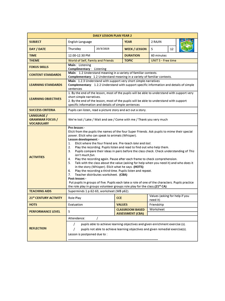 Year 2 English Lesson Plan: Free Time | PDF | Lesson Plan | Reading ...