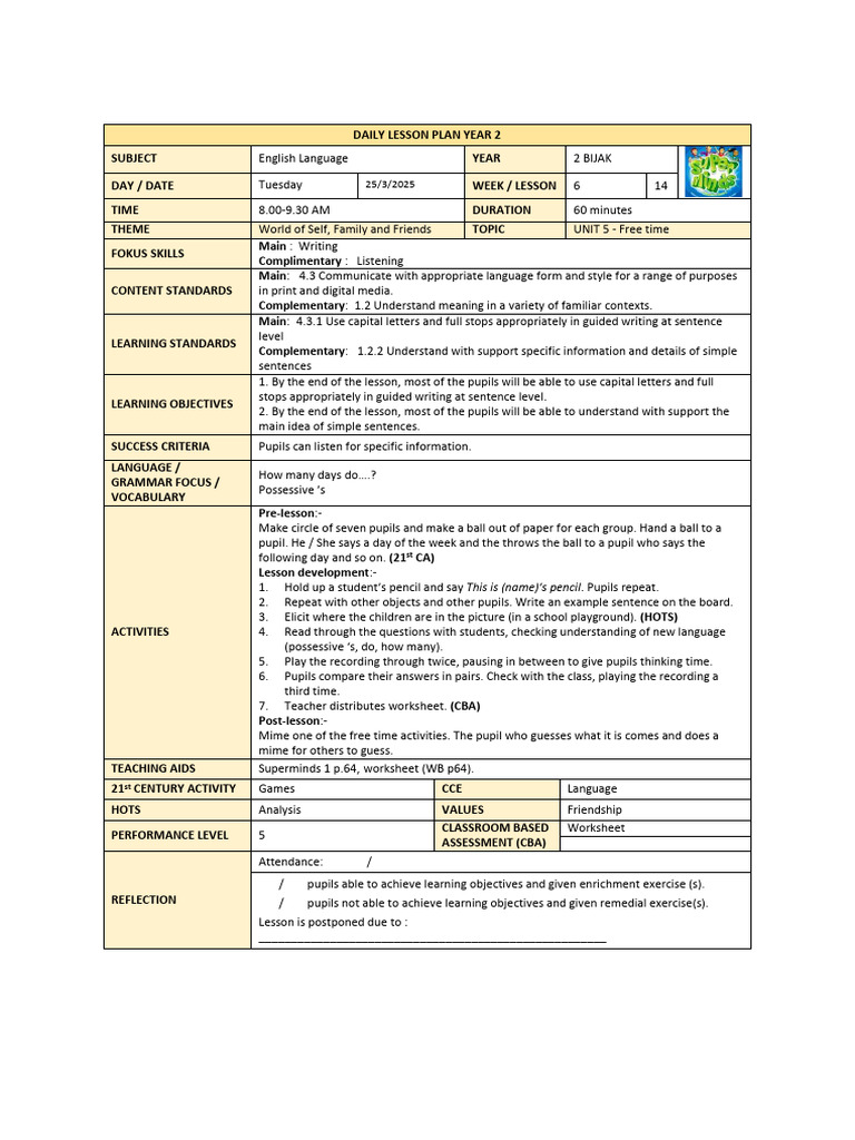 Year 2 English Lesson Plan: Free Time | PDF | Lesson Plan | Cognition