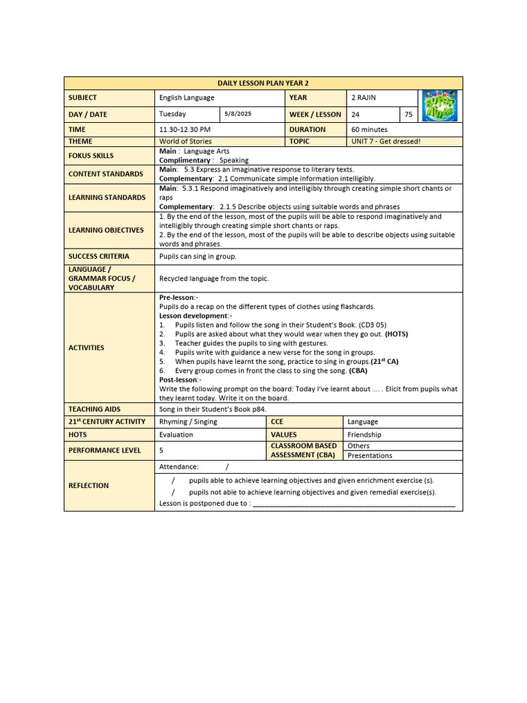 Year 2 English Lesson Plan: Get Dressed! | PDF | Lesson Plan | Teaching