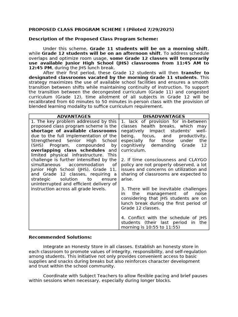 Proposed Class Program Scheme I SHS | PDF | Classroom | Middle Schools