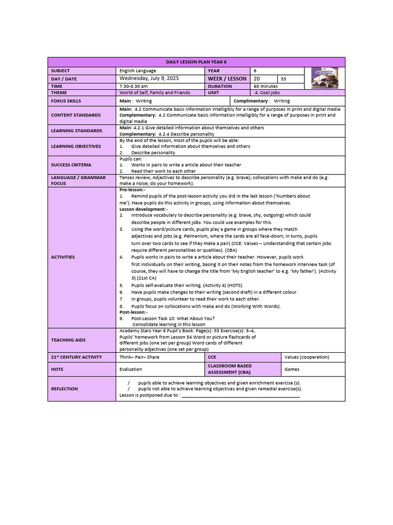 Year 6 English Lesson Plan: Self & Jobs | PDF | Lesson Plan | Teachers