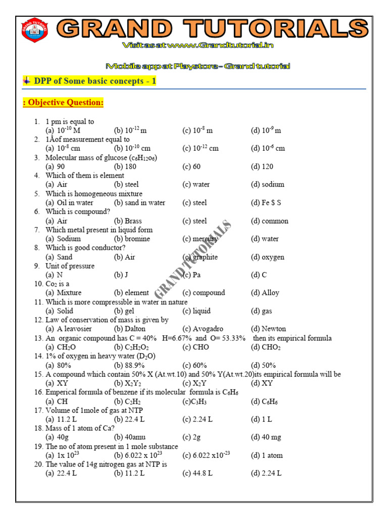 Basic Chemistry Concepts Quiz | PDF | Mole (Unit) | Physical Chemistry