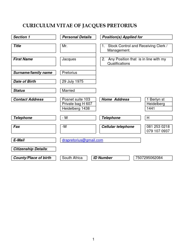 Curiculum Vitae of Jacques Pretorius | PDF | Cheque | Employment