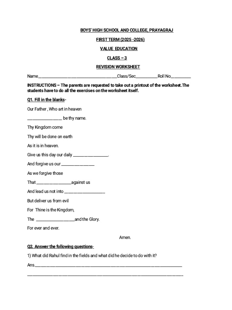 Class 3 Value Education Revision Worksheet | PDF | Lord's Prayer