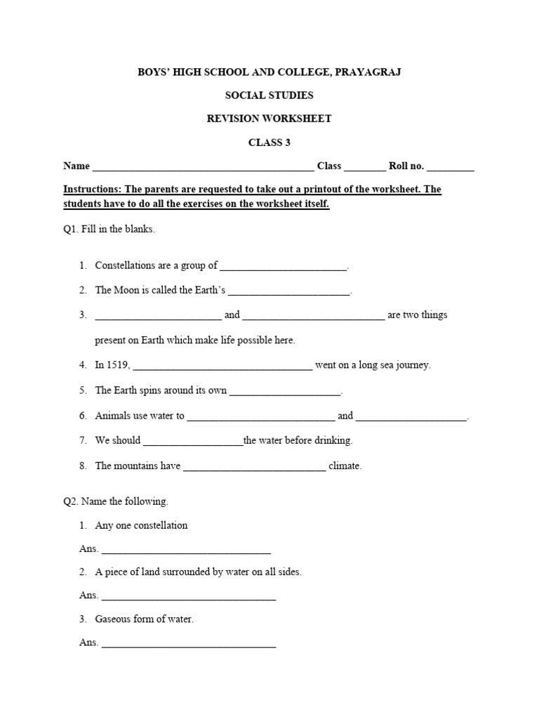 Social Studies Revision Worksheet Class 3-3 | PDF | Earth | Natural ...