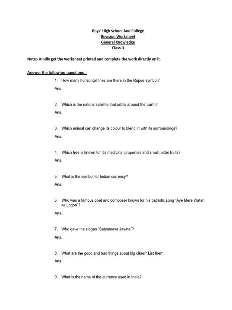 Class 3 General Knowledge Worksheet | PDF