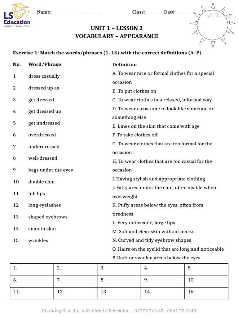 HN3 - U1L2 - Vocabulary - Appearance - Practice | PDF | Fashion | Clothing