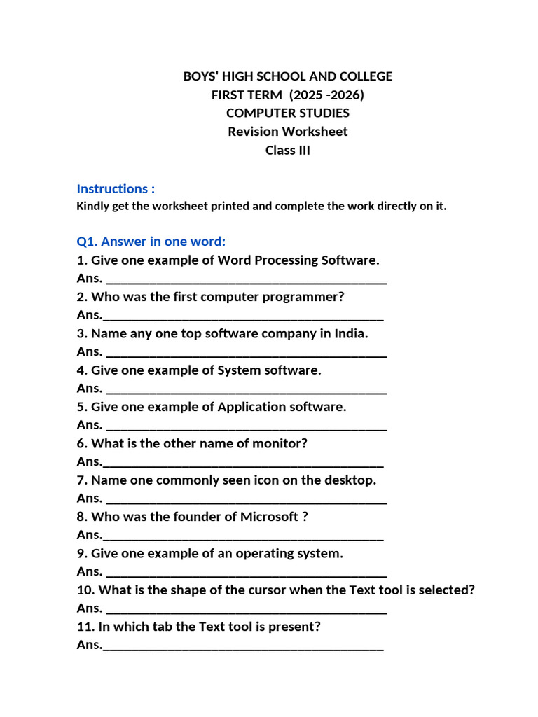 Class 3 Computer Studies Revision Worksheet | PDF | Computer Architecture | Graphical User ...