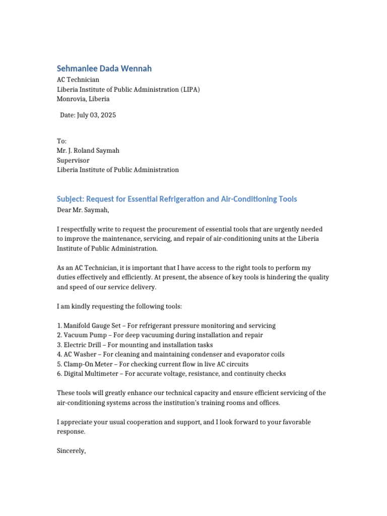 Tool Request Letter Sehmanlee Wennah-2 | PDF