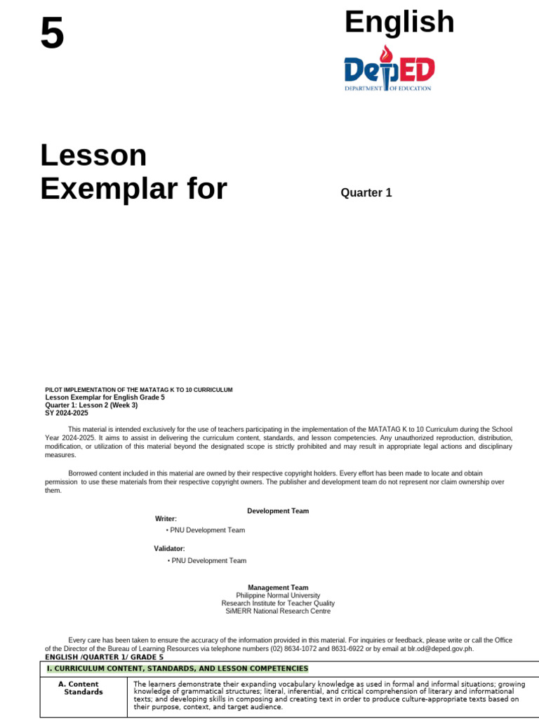 Grade 5 English Lesson Exemplar 2 | PDF | Curriculum | Teachers