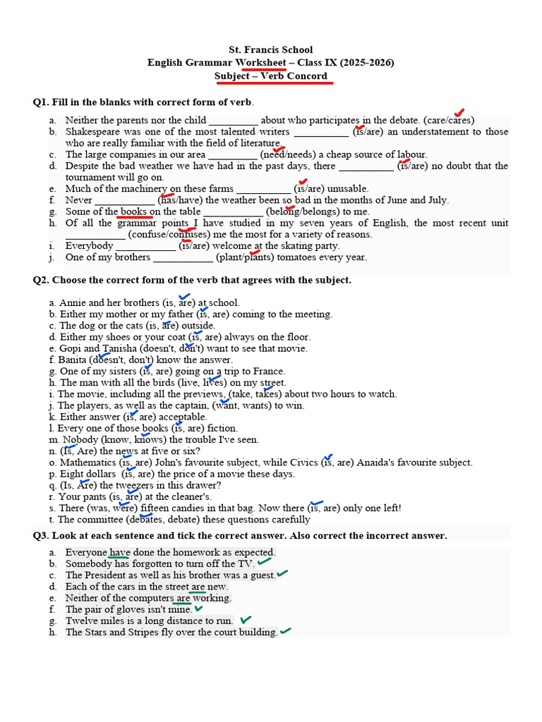 Subject Verb Concord Worksheet | PDF | Linguistics