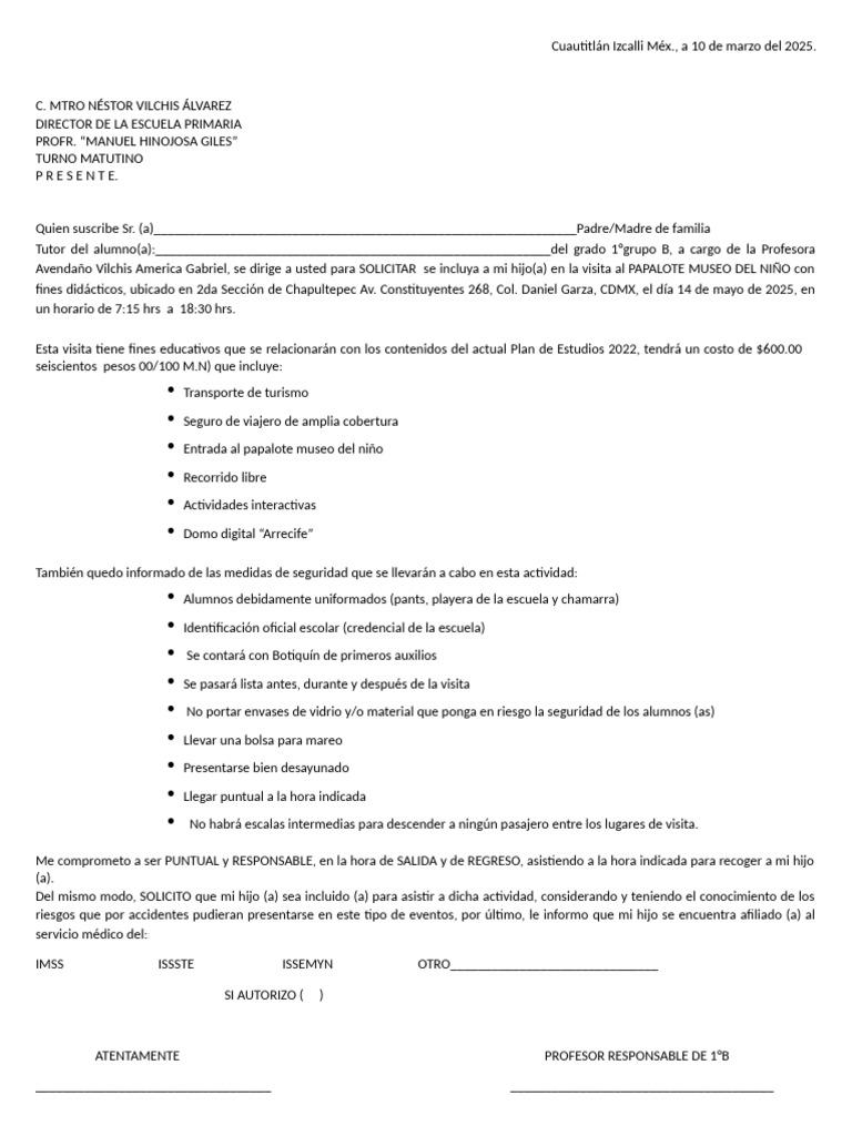 Permiso para la excursion papalote 2025 | PDF | Ciudad de México | Medicina