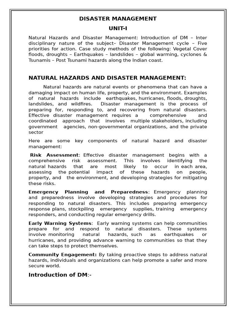 Disaster Management Unit 1 | PDF | Emergency Management | Natural Disasters
