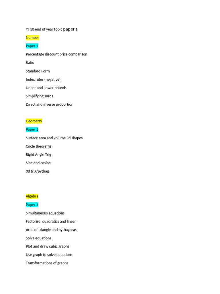 Yr 10 End of Year Topic Paper 1 | PDF