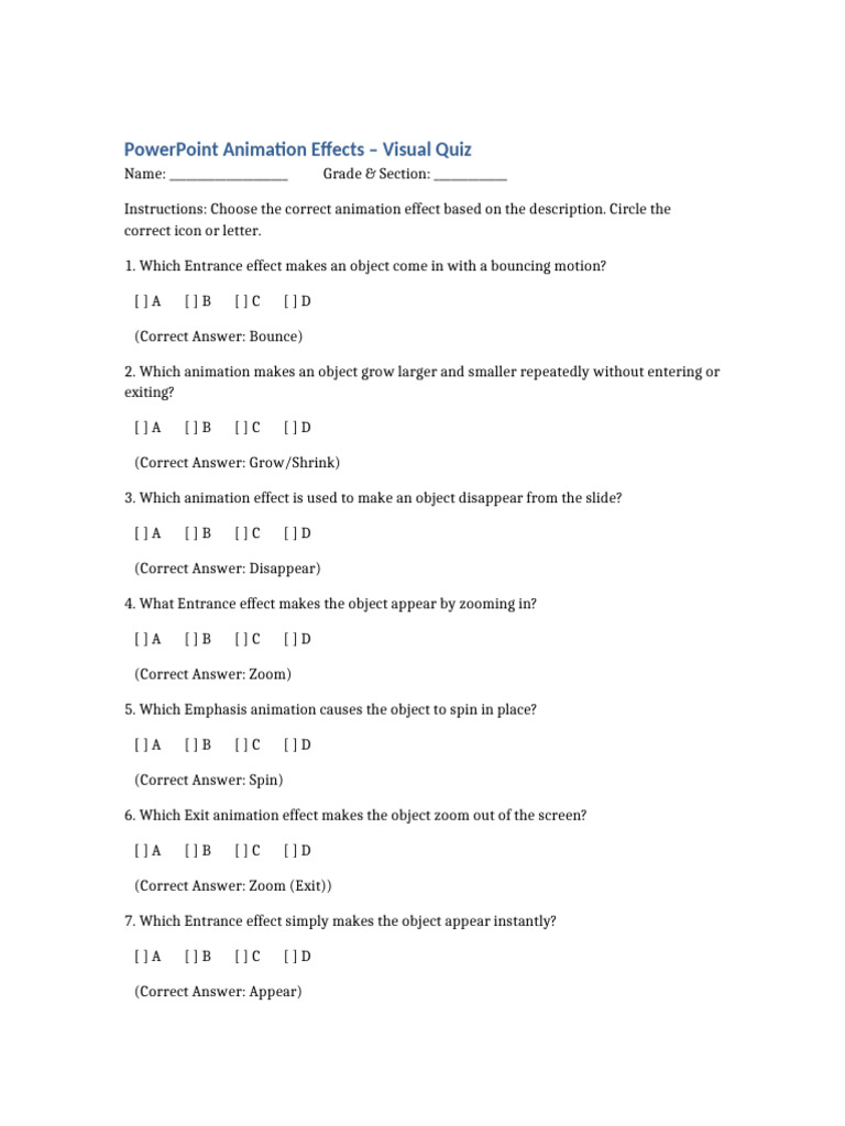 PowerPoint Animation Effects Quiz | PDF