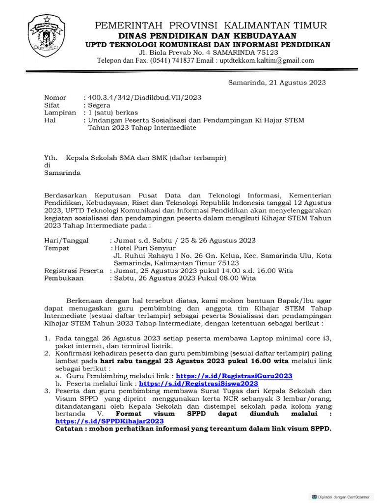 (Samarinda) Surat Undangan Sosialisasi Dan Pendampingan Kihajar STEM ...