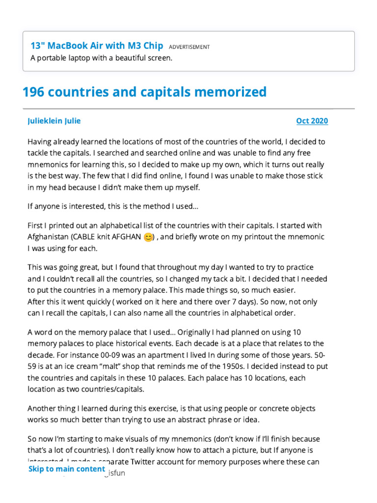 196 Countries and Capitals Memorized | PDF | Mnemonic | Memory