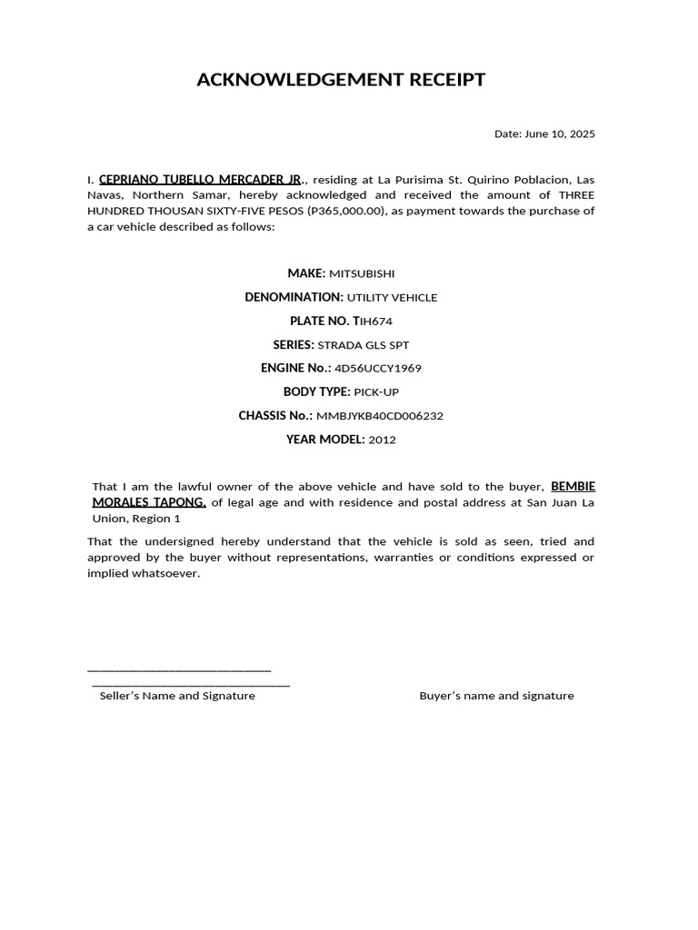 Acknowledgement Receipt for Vehicle Sale | PDF