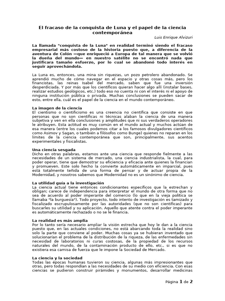 Alvizuri, Luis Enrique. El Fracaso de La Conquista de La Luna y El ...