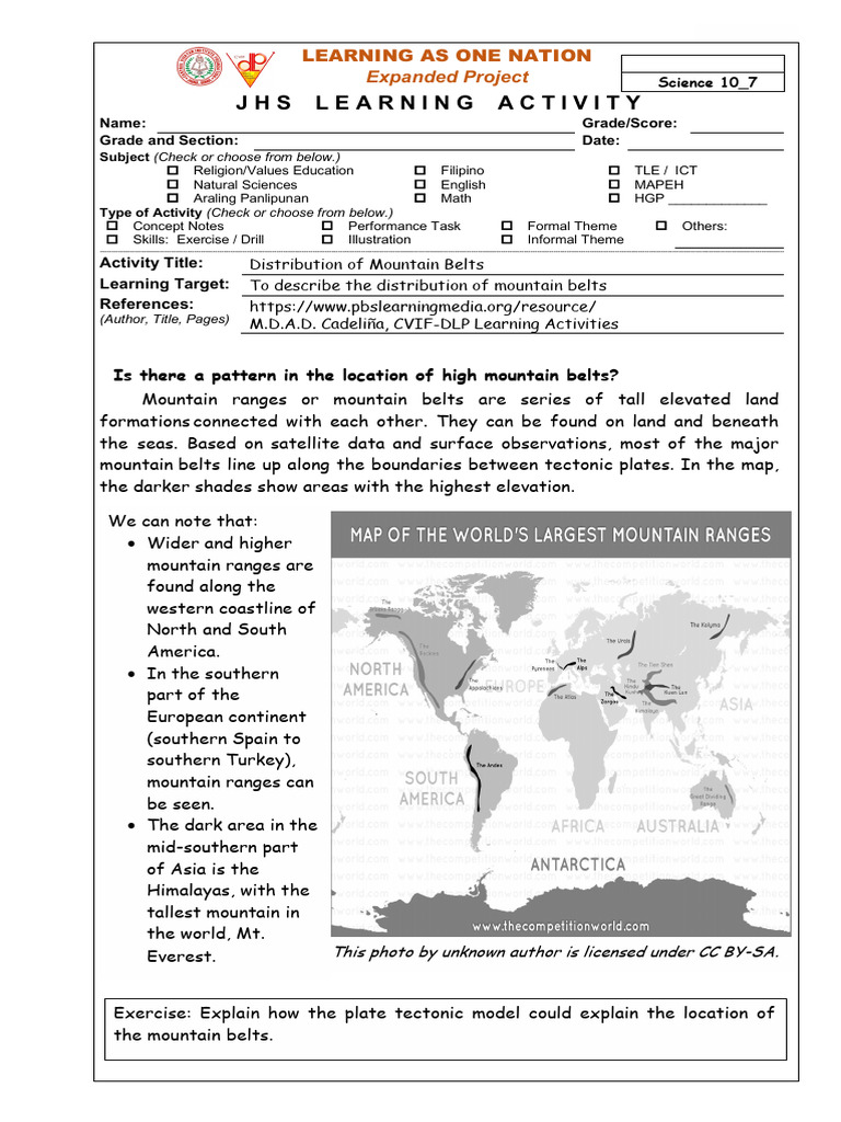 Science 10 LAS 7 Distribution of Mountain Belts | PDF | Mountains ...