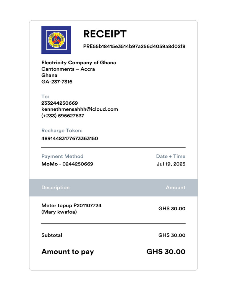 Ghana Electricity Bill Receipt | PDF