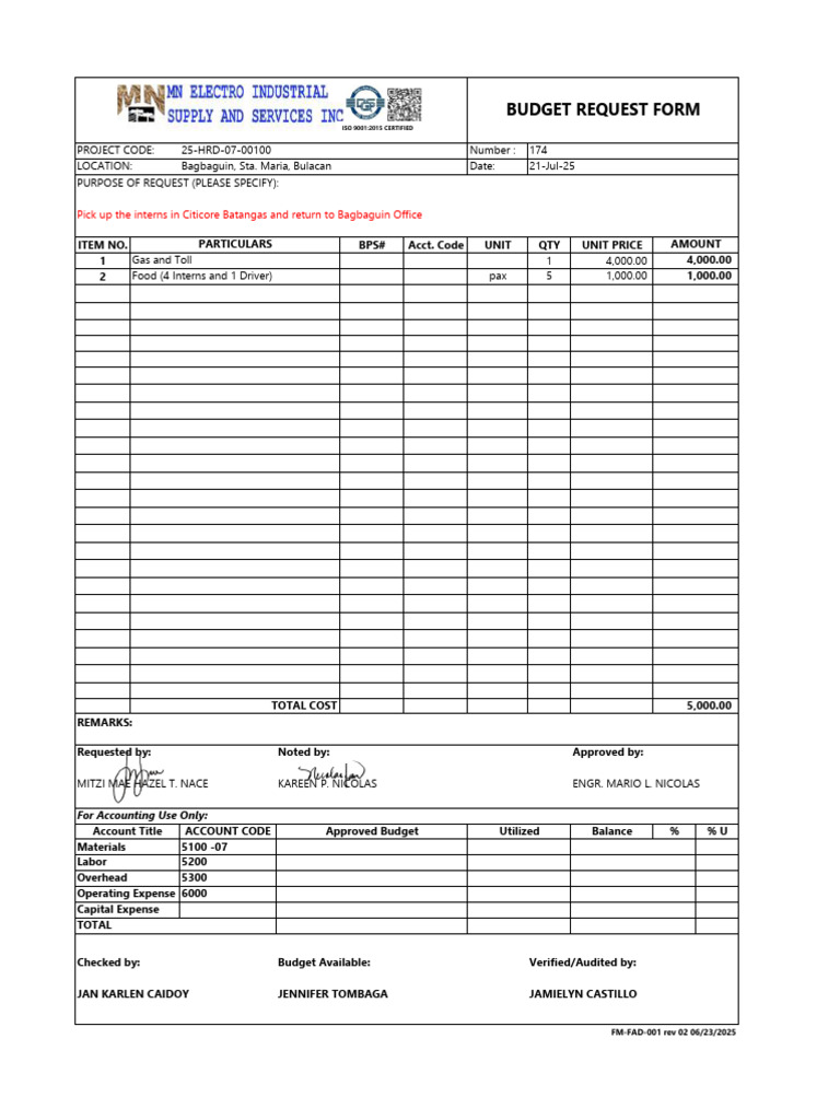 Budget Request Form for Interns' Expenses | PDF