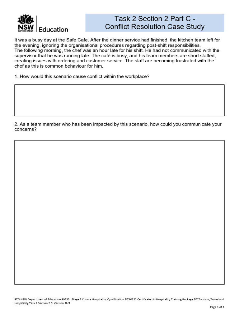 2025-2025 Hosp SIT10222 T2S2 Part C Conflict Resolution Case Study | PDF
