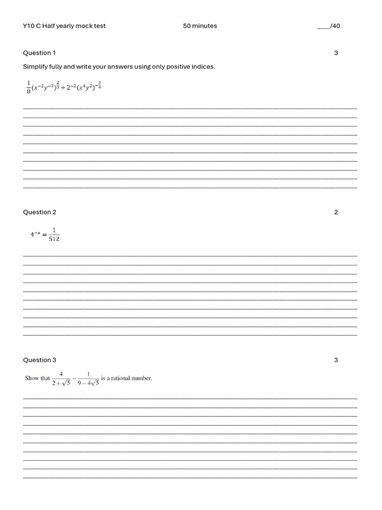 Y10 C Half-Yearly Mock Test Questions | PDF | Interest | Equations