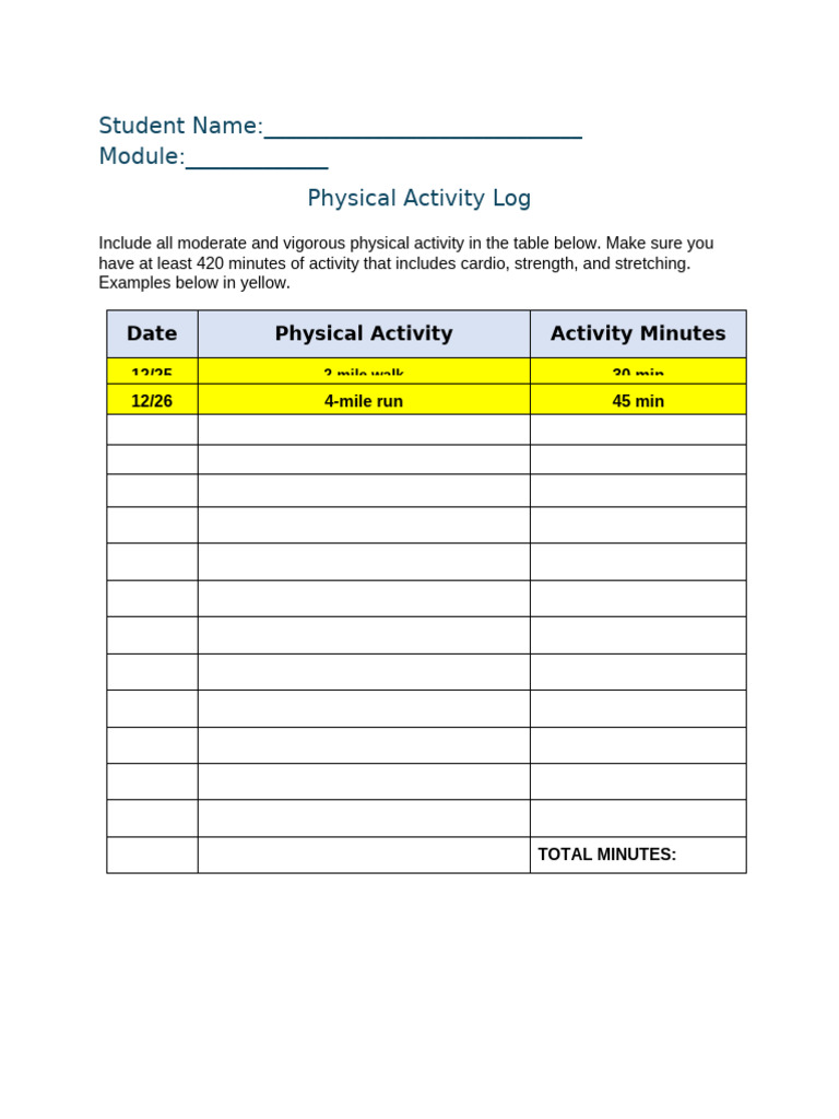 Physical Activity Log Template | PDF