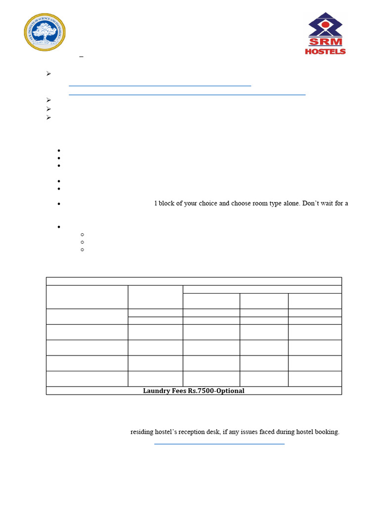 SRM Hostels Booking Schedule 2nd Year Btech Mtech | PDF