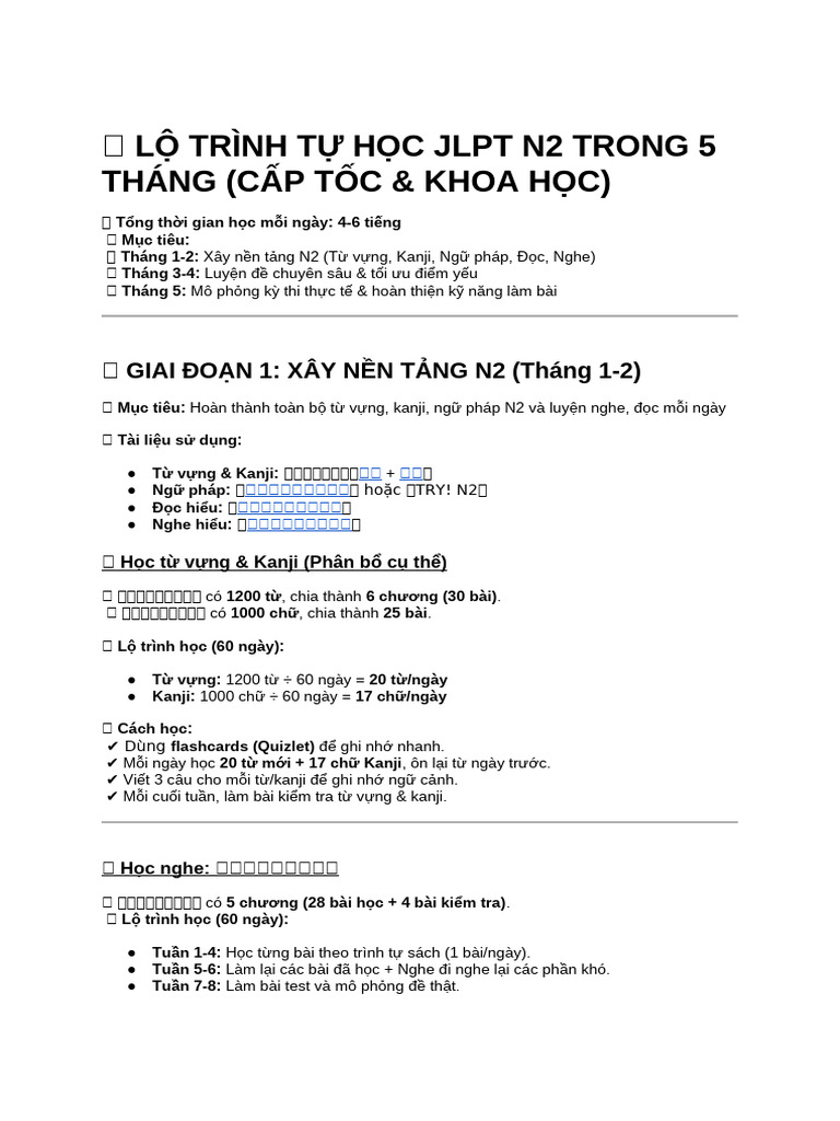 ? Lộ Trình Tự Học Jlpt n2 Trong 5 Tháng (Cấp Tốc & Khoa Học) | PDF