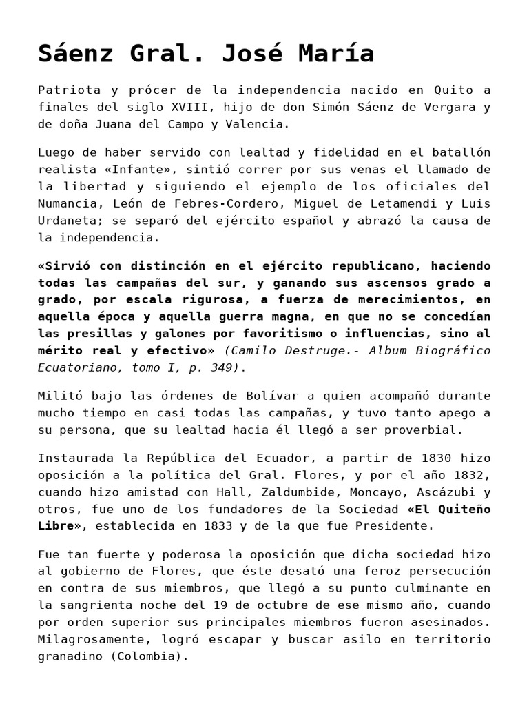 Biografía del Gral. José María Sáenz | PDF