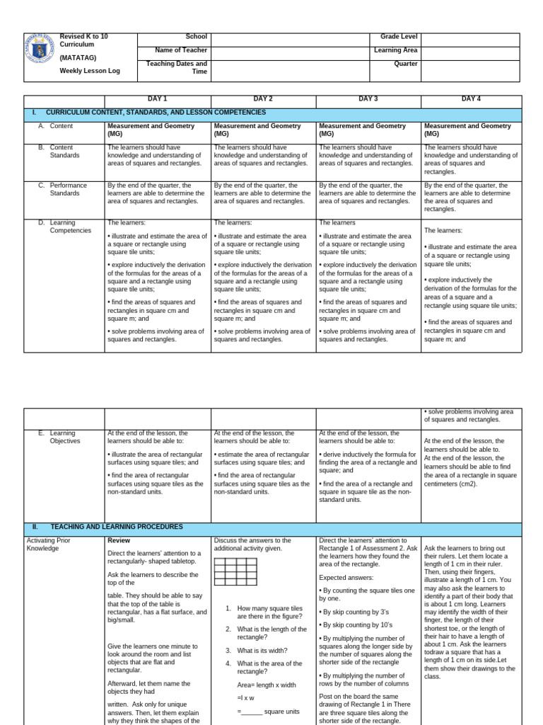 Math Revised K To 10 Weekly Lesson Log | PDF | Area | Rectangle