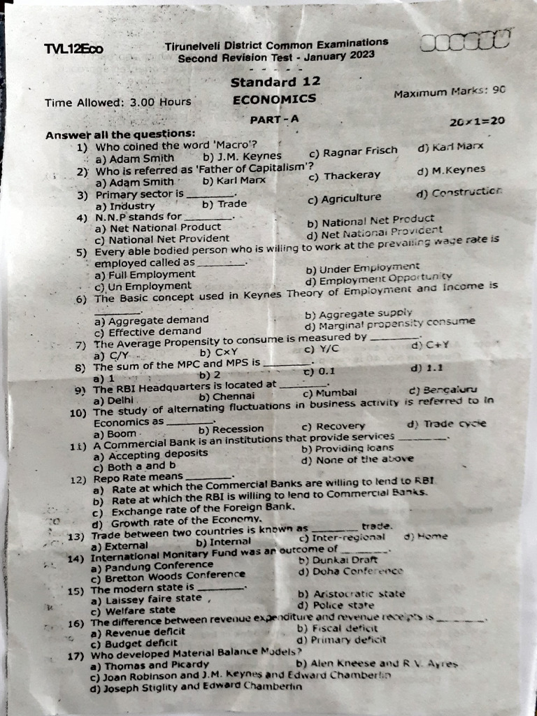 Tirunelveli 12th Grade Economics Exam | PDF | Consumption (Economics ...