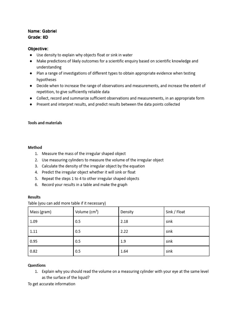 Density Experiment: Float or Sink Analysis | PDF
